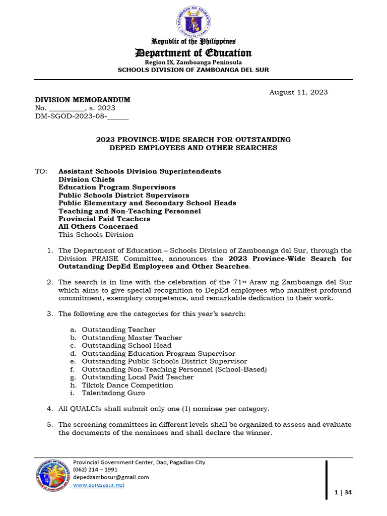 2023 Search for Outstanding DepEd Employees | PDF