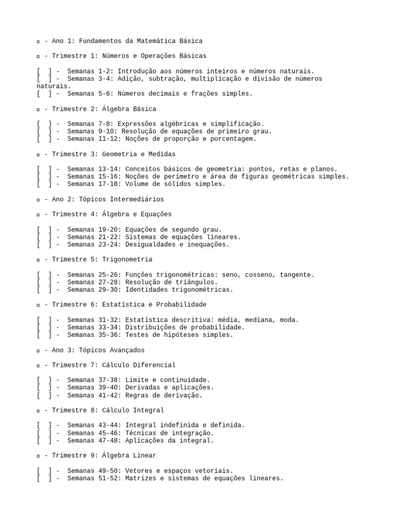 Grade de Estudos de Matemática Do Básico Ao Avançado | PDF