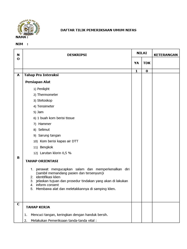 Daftar Tilik Pemeriksaan Umum Nifas | PDF