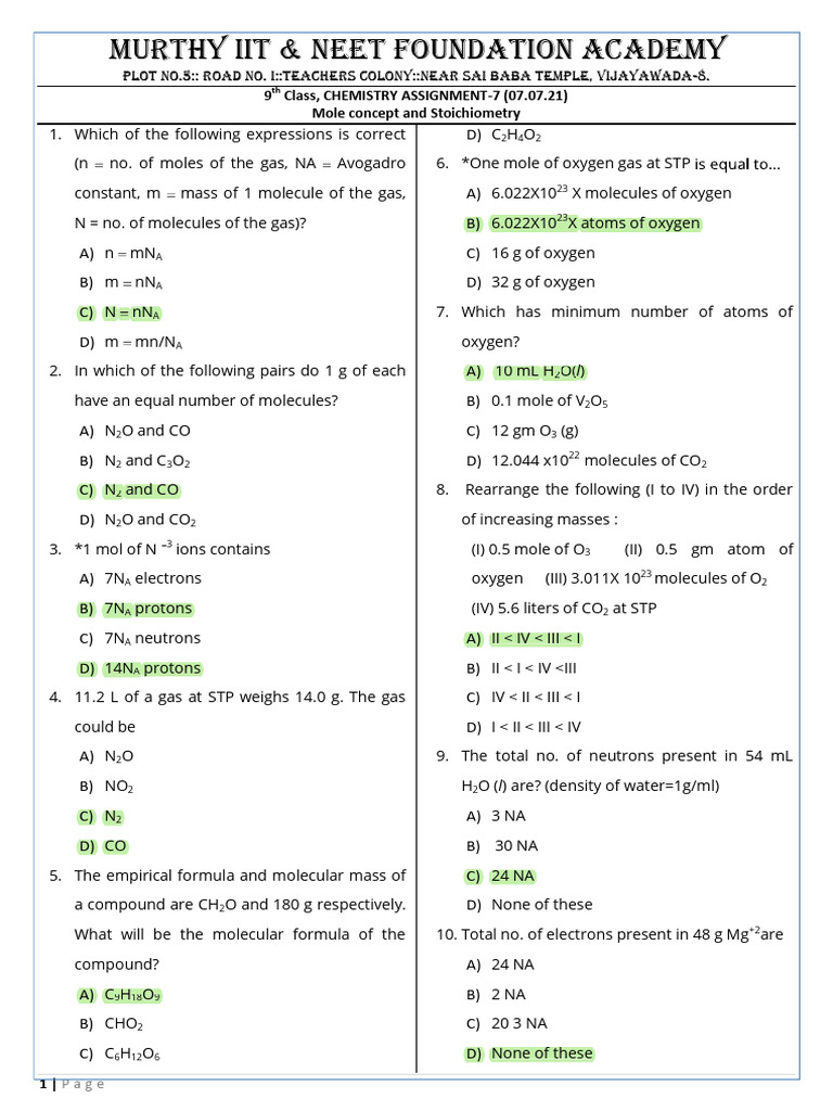Mole concept and Stoichiometry key | PDF | Mole (Unit) | Molecules