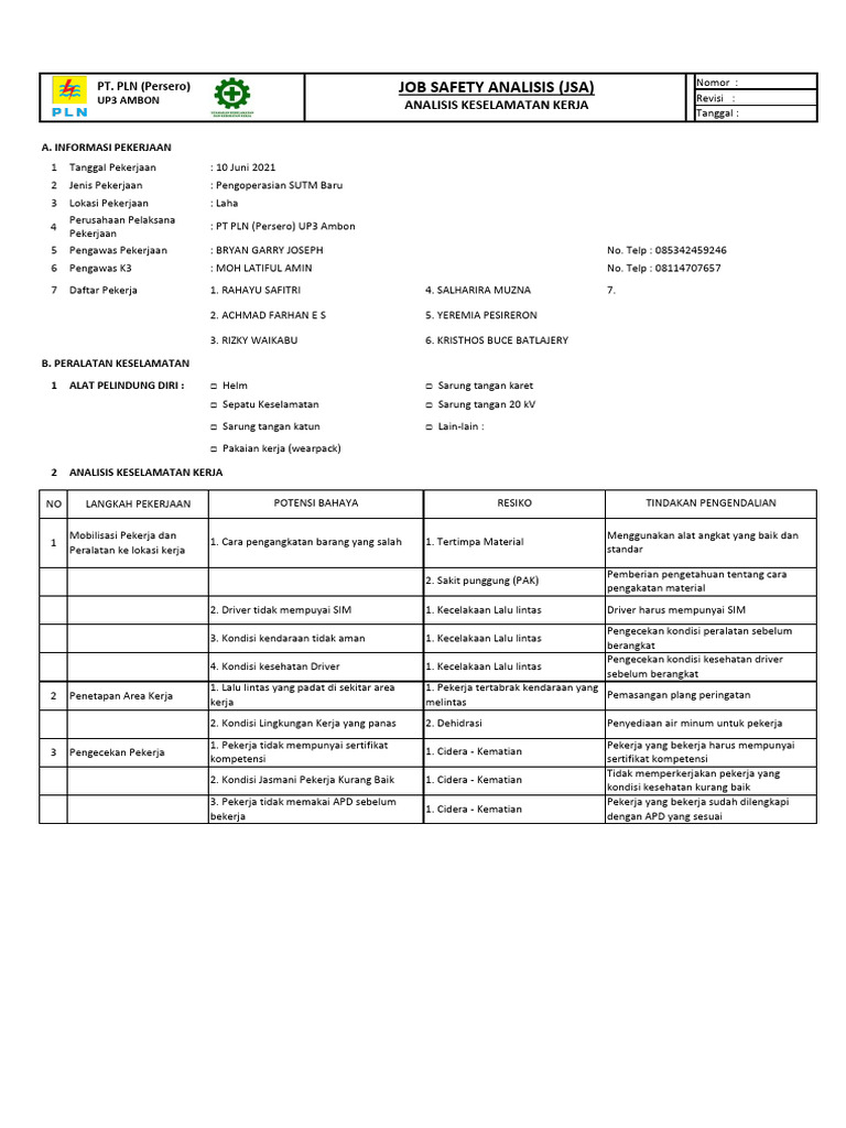 Job Safety Analisis (Jsa) : PT. PLN (Persero) | PDF