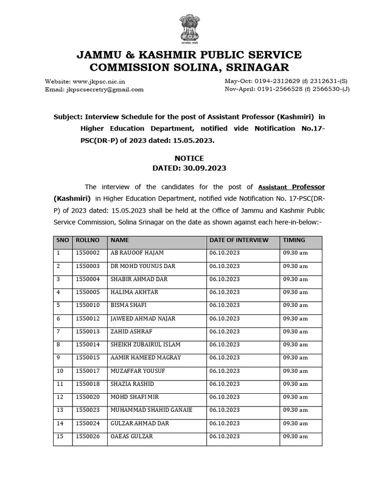 J&K Assistant Professor Interview Schedule | PDF | Divided Regions ...
