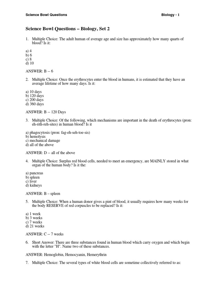 Biology Quiz Bowl Questions Set 2 | PDF