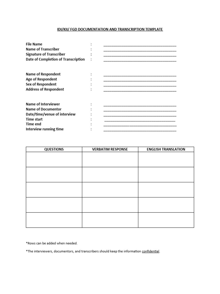 Form 3 - Kii, Idi, FGD Documentation - Transcription Template | PDF