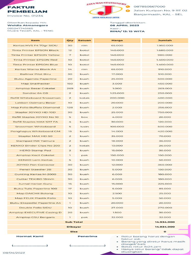 Contoh faktur pembelian atk | PDF