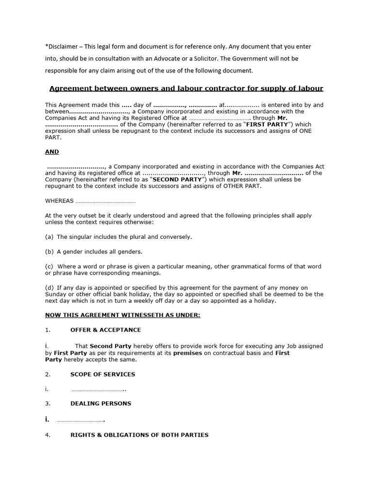 Labour Supply Agreement Template | PDF
