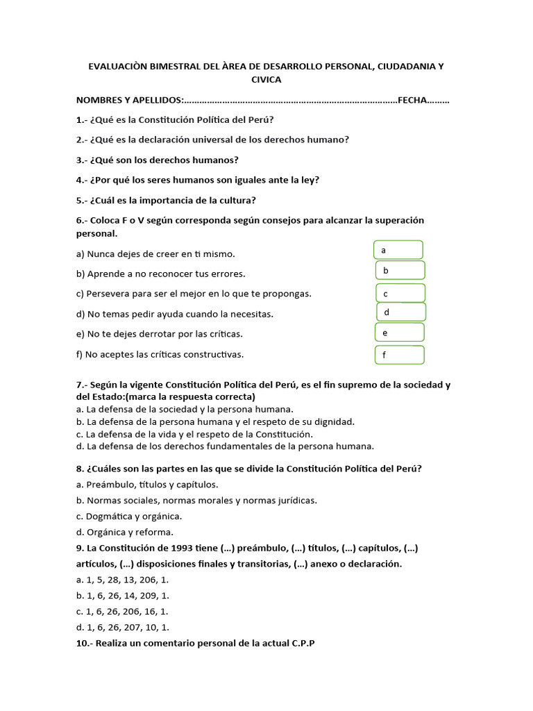 EVALUACIÒN DE DPCC QUINTO GRADO | PDF