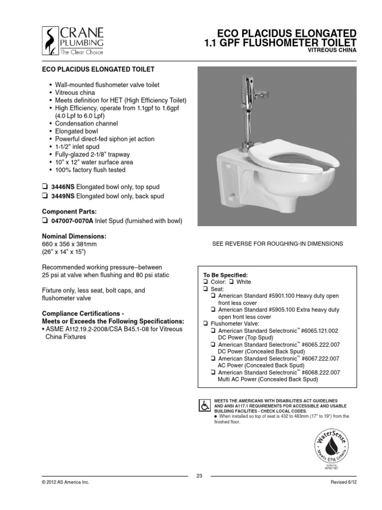 Spec Sheet - Crane Plumbing (1) | PDF | Plumbing | Manufactured Goods