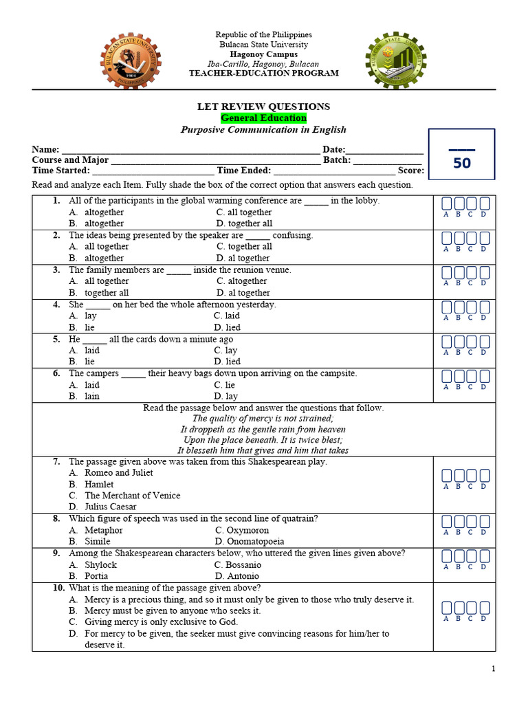 ENGLISH LET Review Questions | PDF