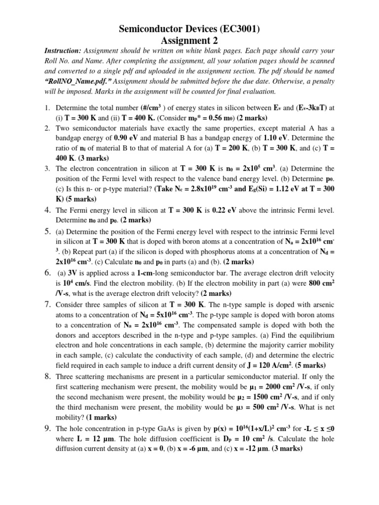 Assignment 2 | PDF | Doping (Semiconductor) | Semiconductors