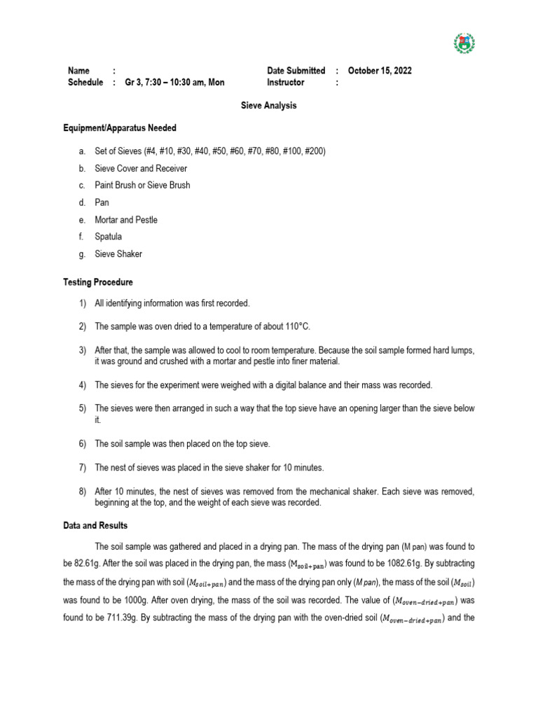 Sieve Analysis Lab Report | PDF Sieve Analysis Lab Report | PDF