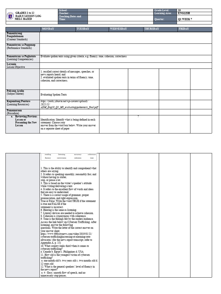 Melc DLL Eng 10 Week 7 q1 Done | PDF | Fluency | Vocabulary