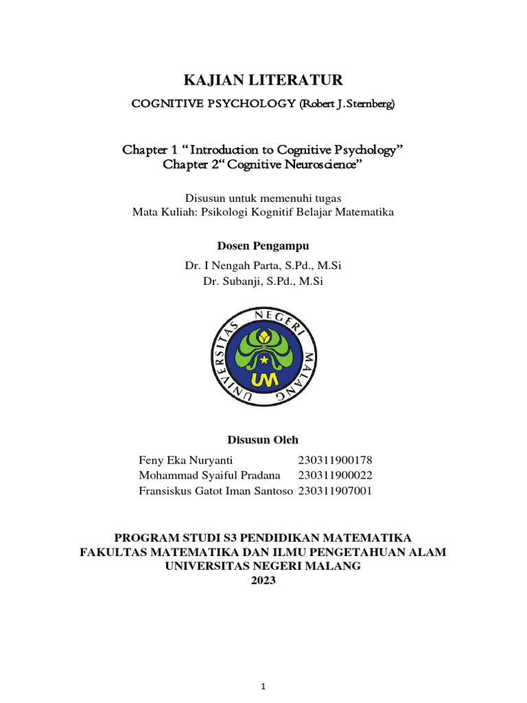 Tugas 1 Psikologi Kognitif - Kelompok 1 | PDF