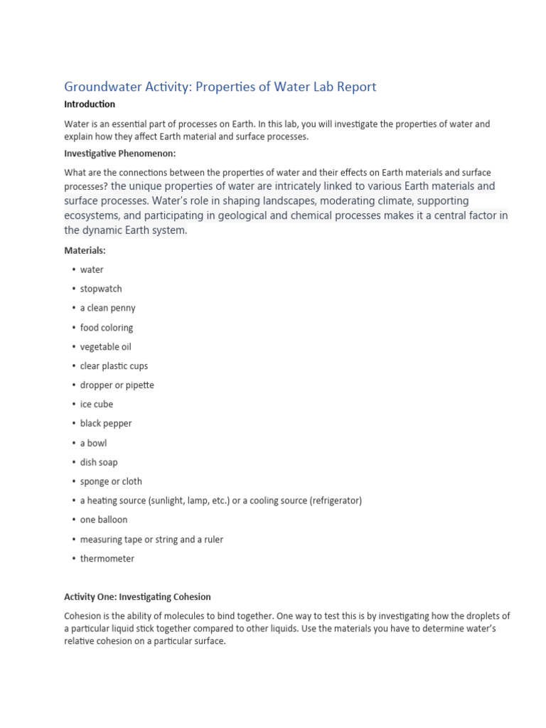 Groundwater Lab Report | PDF | Water | Density