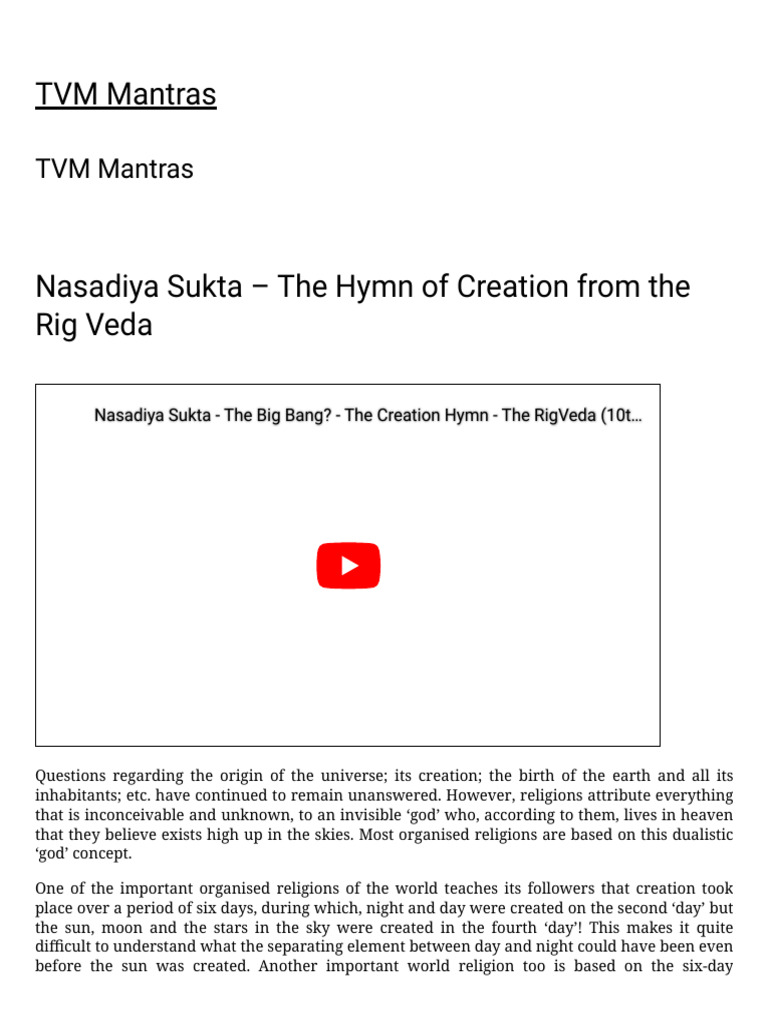 Nasadiya Sukta – the Hymn of Creation From the Rig Veda – TVM Mantras | PDF | Bhagavad Gita ...