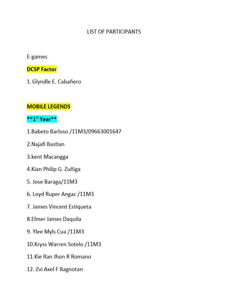E-Games and Sports Participants List | PDF