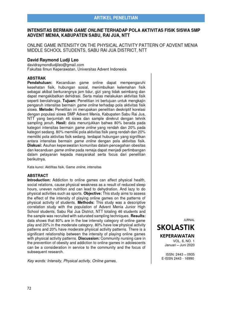 Ntensitas Bermain Game Online Terhadap Pola Aktivitas Fisik Siswa SMP Advent Menia, Kabupaten ...