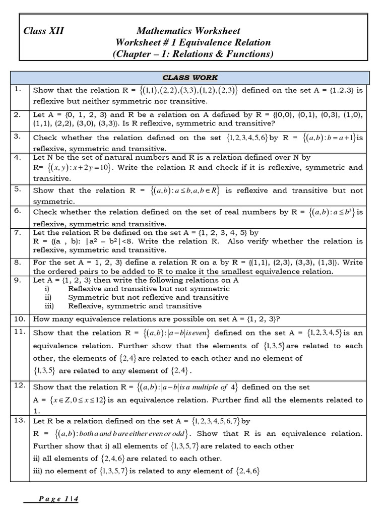 Worksheet 1 Equivalence Relation | PDF