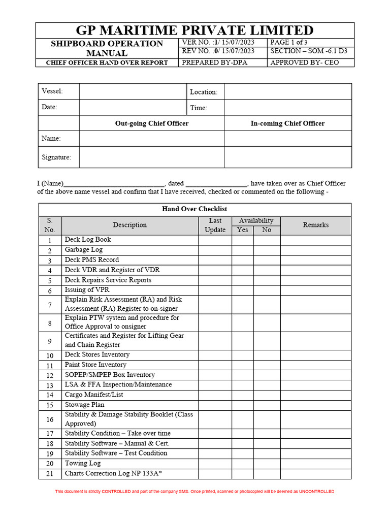 SOM 6.1 D3 Chief Officer Handover Report Rev 0.0 | PDF | Shipping