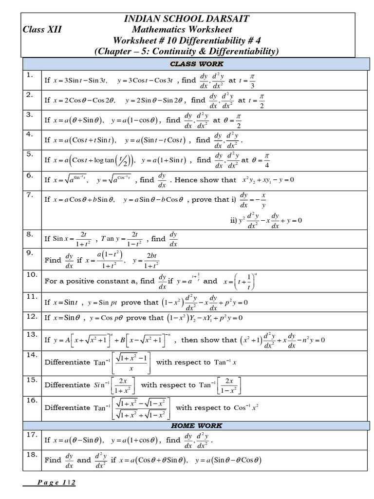 Class XII Differentiability Worksheet | PDF | Triangle Geometry ...