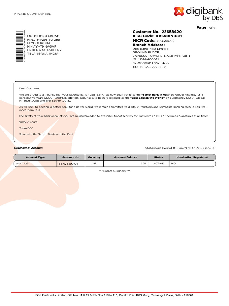 DBS Bank Statement | Download Free PDF | Service Industries | Money