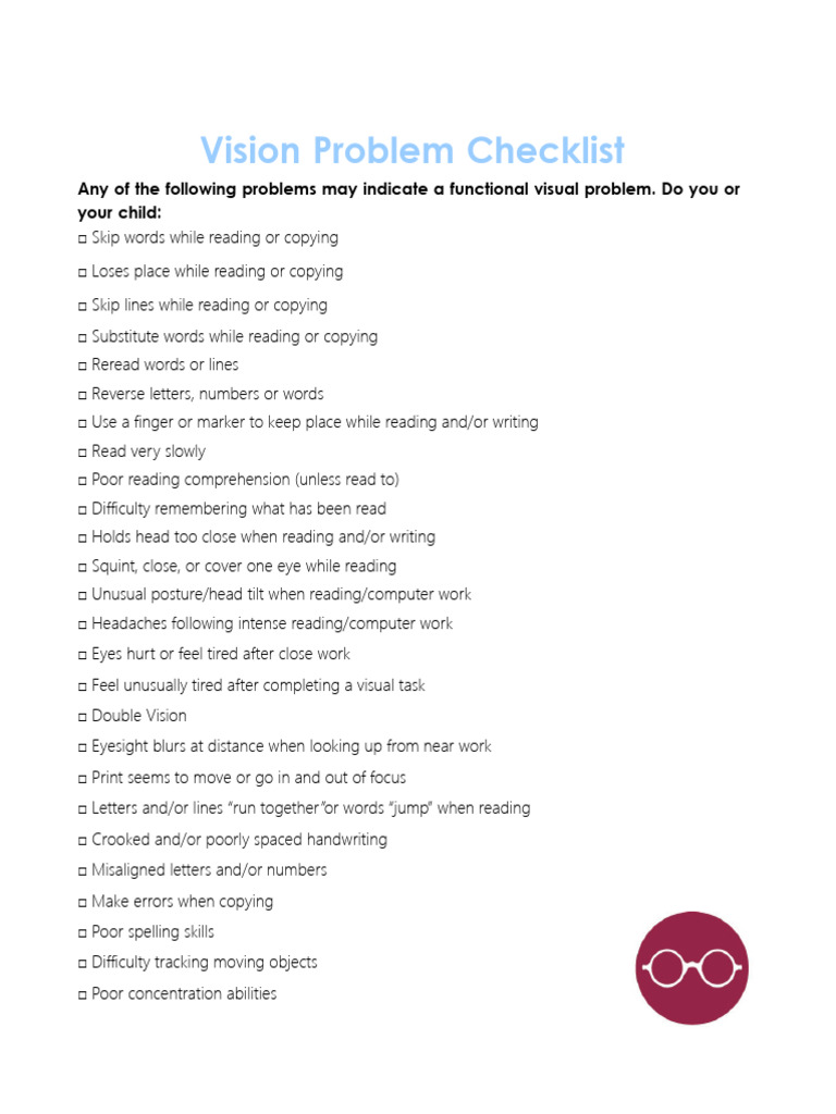 Vision Problems Checklist Full | PDF | Self-Improvement