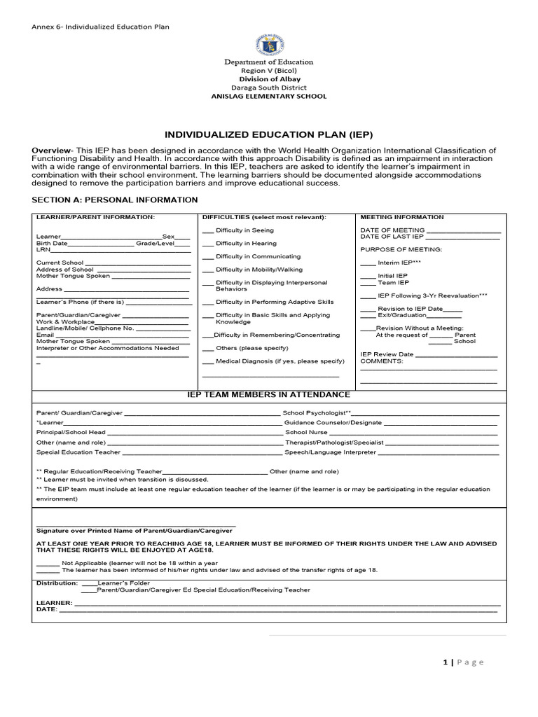 Individualized Education Plan Annex 6 | PDF | Individualized Education ...