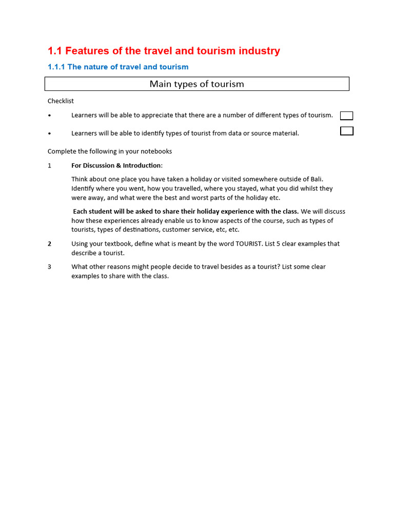 (A) Main Types of Tourism - Student Worksheet | PDF | Tourism | Service ...