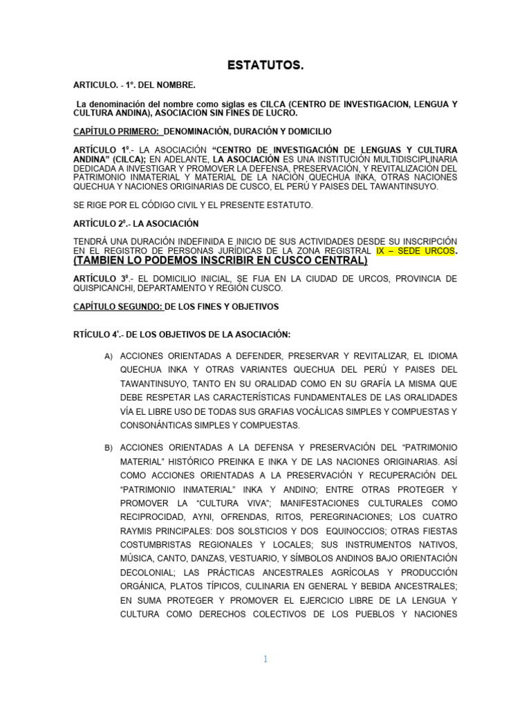 Estatuto Cilca 2023 Docx Corregido Pdf Perú Asamblea General De Las Naciones Unidas