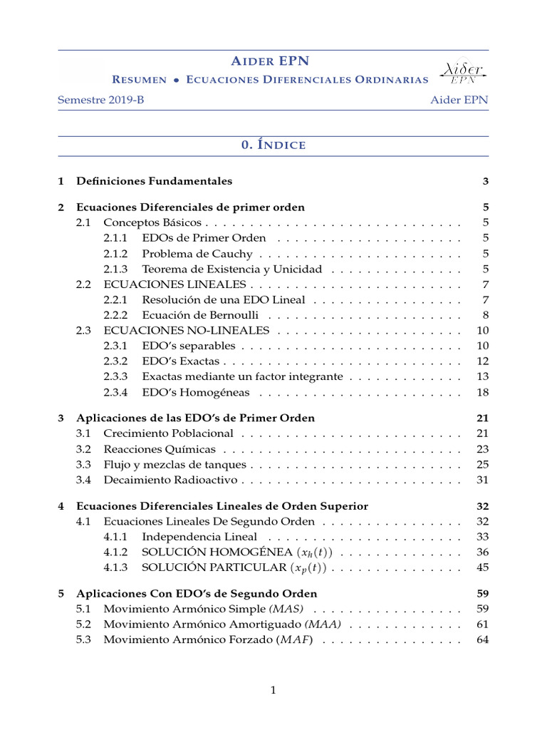Resumen EDO 2019B EPN Aider | PDF | Ecuaciones | Ecuaciones diferenciales