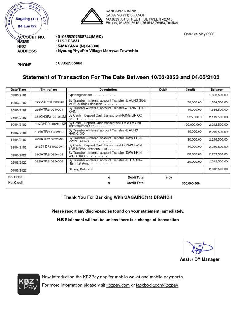 KBZ Bank Statement Sample | PDF