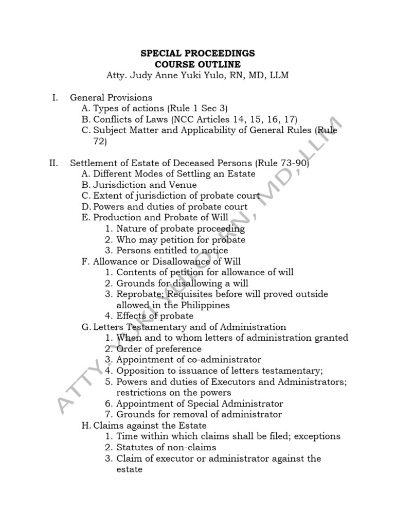 Special Proceedings Course Outline | PDF | Probate | Will And Testament