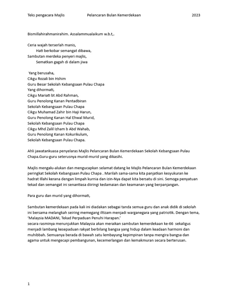 Teks Pelancaran Bulan Kemerdekaan 2023 | PDF