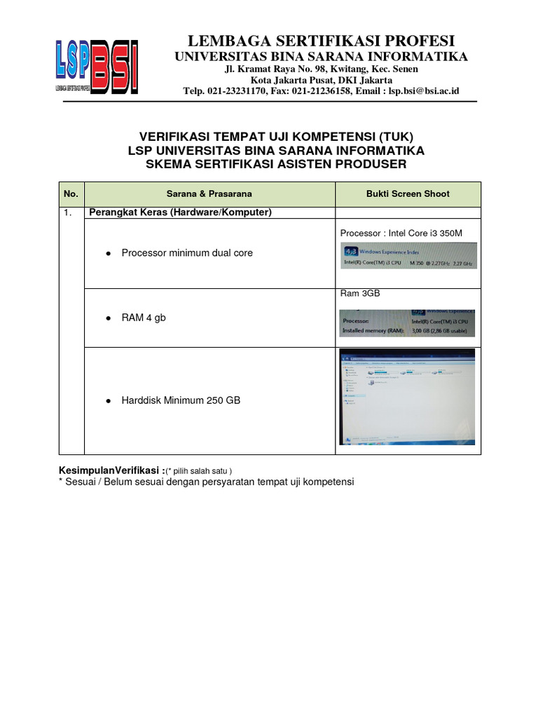 Lembar Verifikasi TUK Skema Asisten Produser Officer Untuk Asesi | PDF