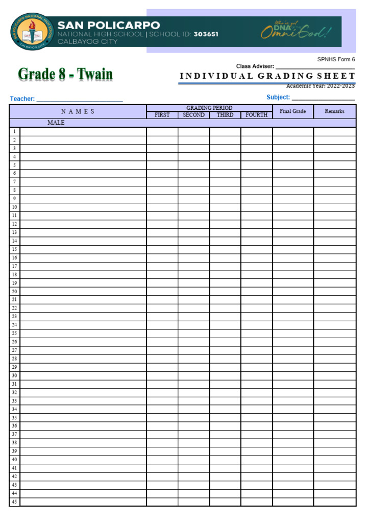 SPNHS Form 6 Grading Sheet 2022-2023 | PDF