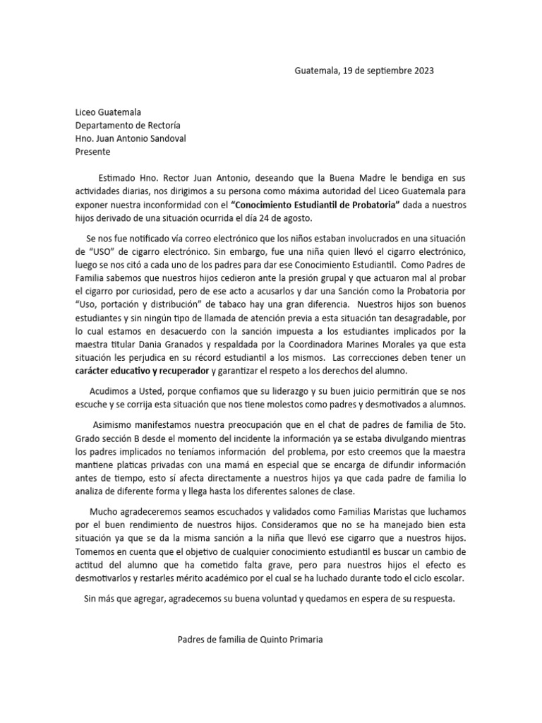 CARTA RECTOR (Observaciones JF) | PDF