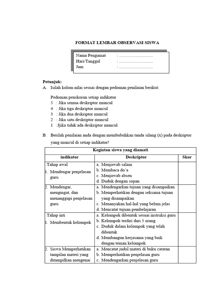 Format Lembar Observasi Siswa 1 | PDF | Karier & Perkembangan