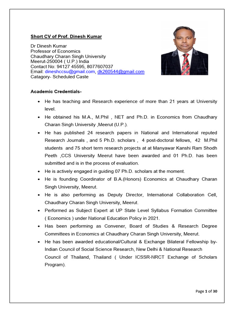Short CV of Prof. Dinesh Kumar | PDF