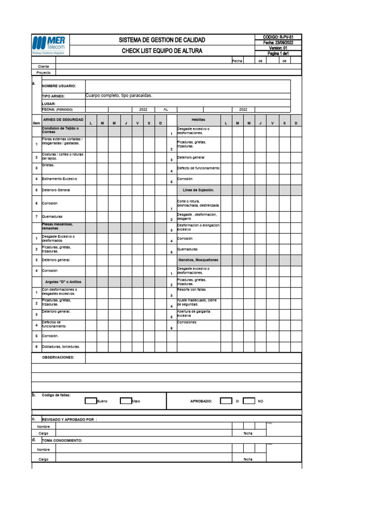 R-PV-51 Check List Equipo de Altura V1 | PDF