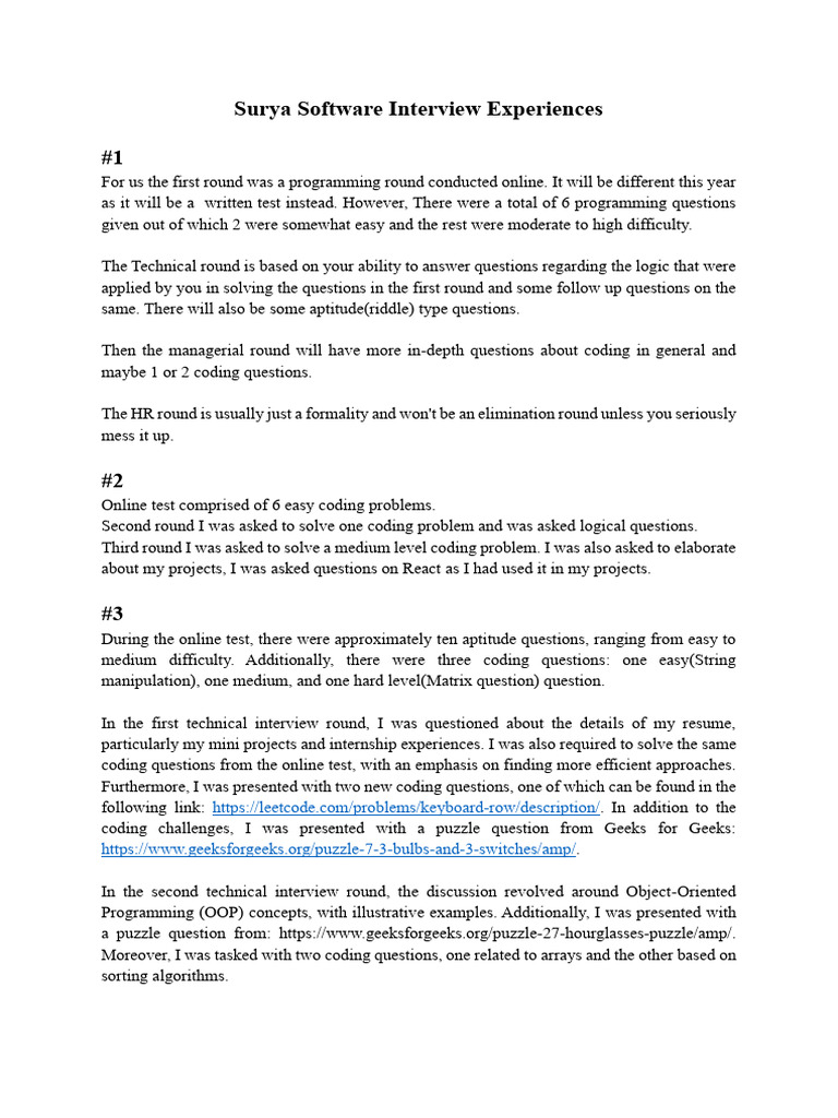 Surya Software Interview Experiences-2023 | PDF | Computer Programming | Object Oriented Programming