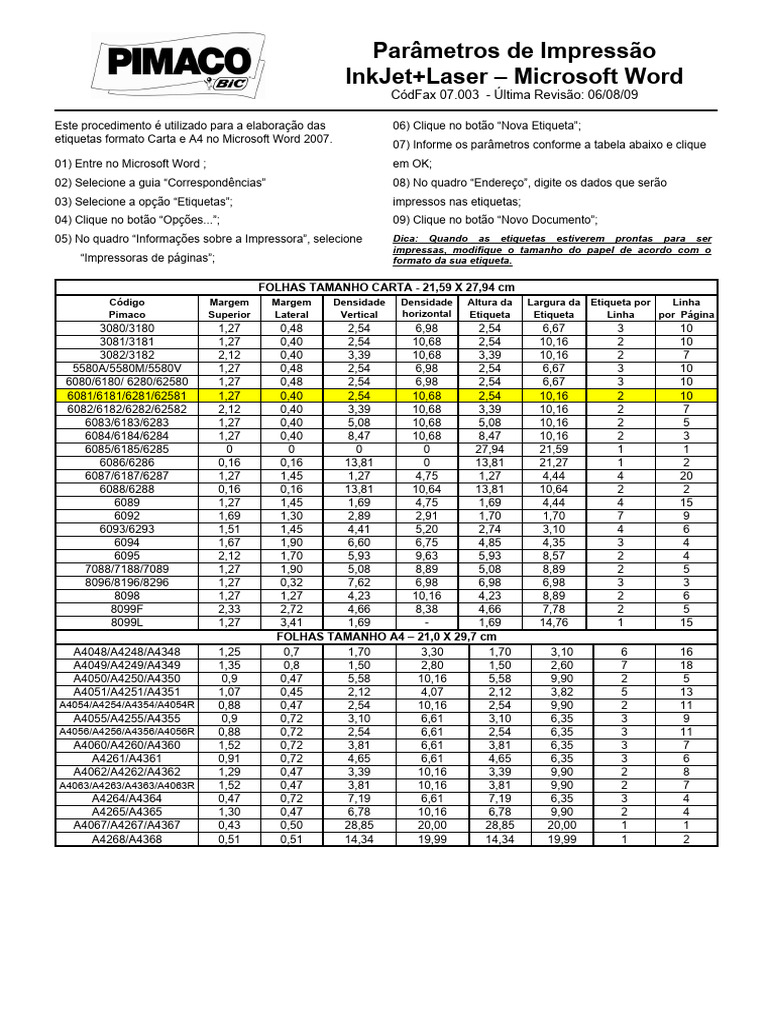 Etiquetas PIMACO Parametros - de - Impressao - InkJet - Laser ...