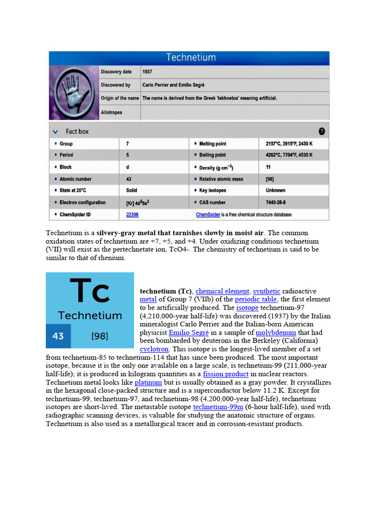 Chemical Element Synthetic Metal Periodic Table Isotope: Technetium (TC ...