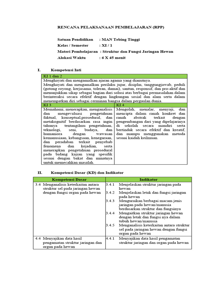 RPP 3 Jaringan Hewan | PDF