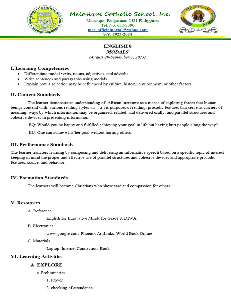 ENG-8-LP Q1 Modals | PDF