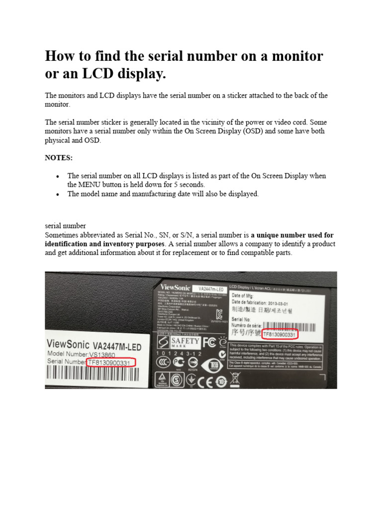 How To Find The Serial Number On A Monitor or An LCD Display | PDF