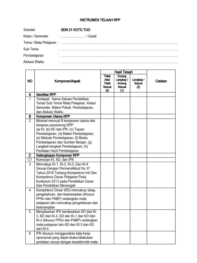 Instrumen Telaah RPP 2023 | PDF