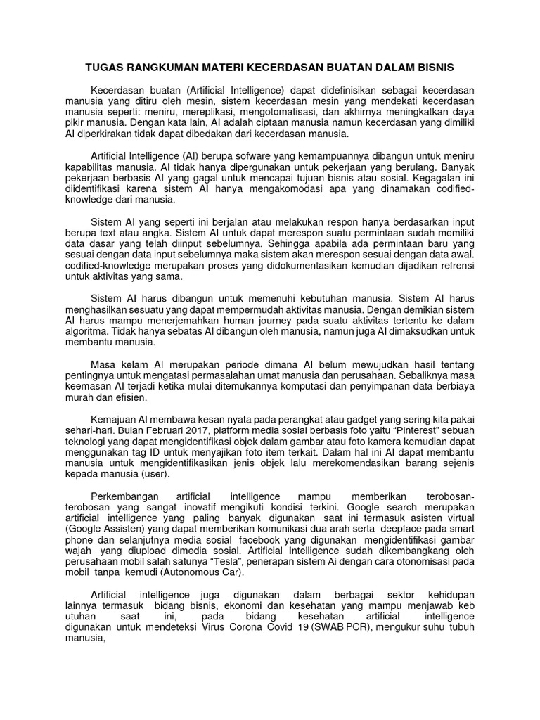 TUGAS RANGKUMAN MATERI KECERDASAN BUATAN DALAM BISNIS Part 1 | PDF ...
