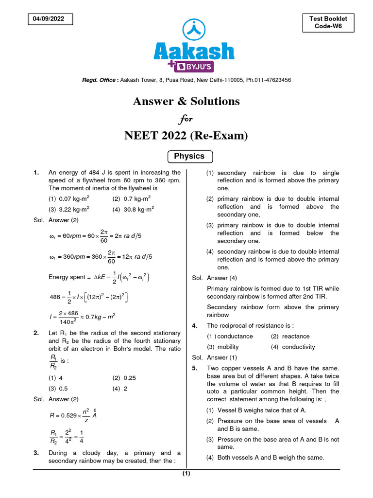 September 04 2022 NEET UG Re Exam Physics Solution Code W6 | PDF | Atoms | Radioactive Decay