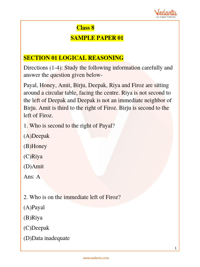 IMO Class 8 Sample Question Paper-1 For The Year 2023-24 | PDF | Area | Mathematical Concepts