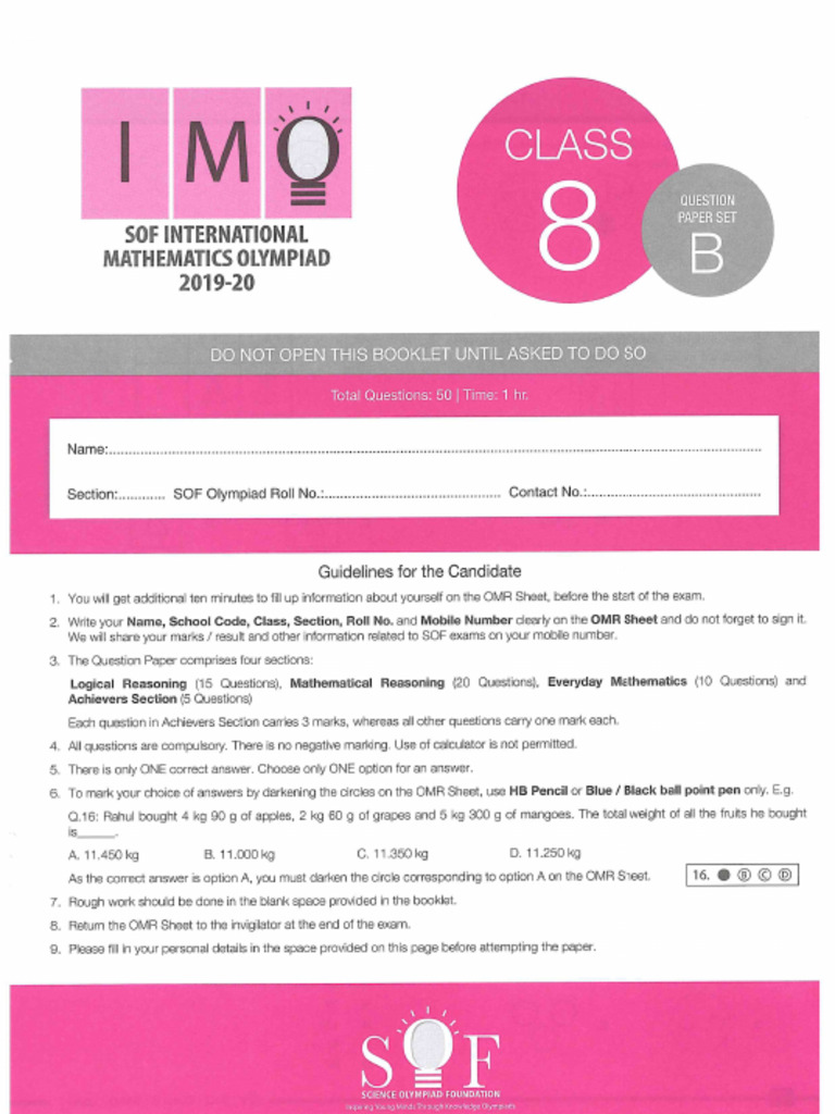 IMO - Class 8 - 2019-20 | PDF